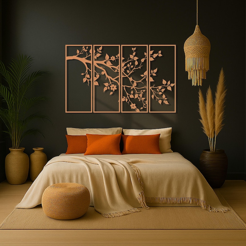 Oversized Tree Branch Metal Wall Art – 4 Panel Statement Wall Decor for ...