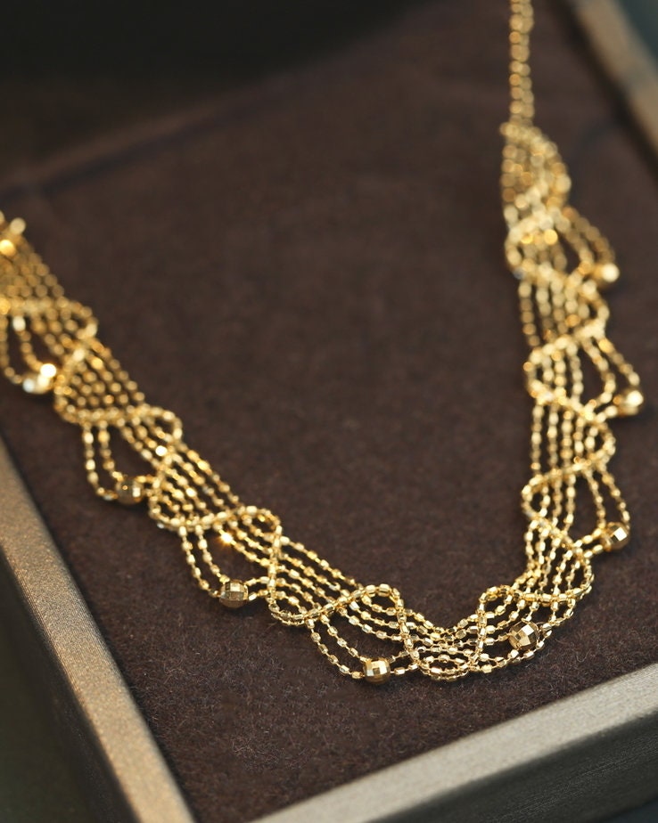 18K Gold Necklace, Gold Lace Necklace, Gold Ball Necklace, Dainty Gold ...