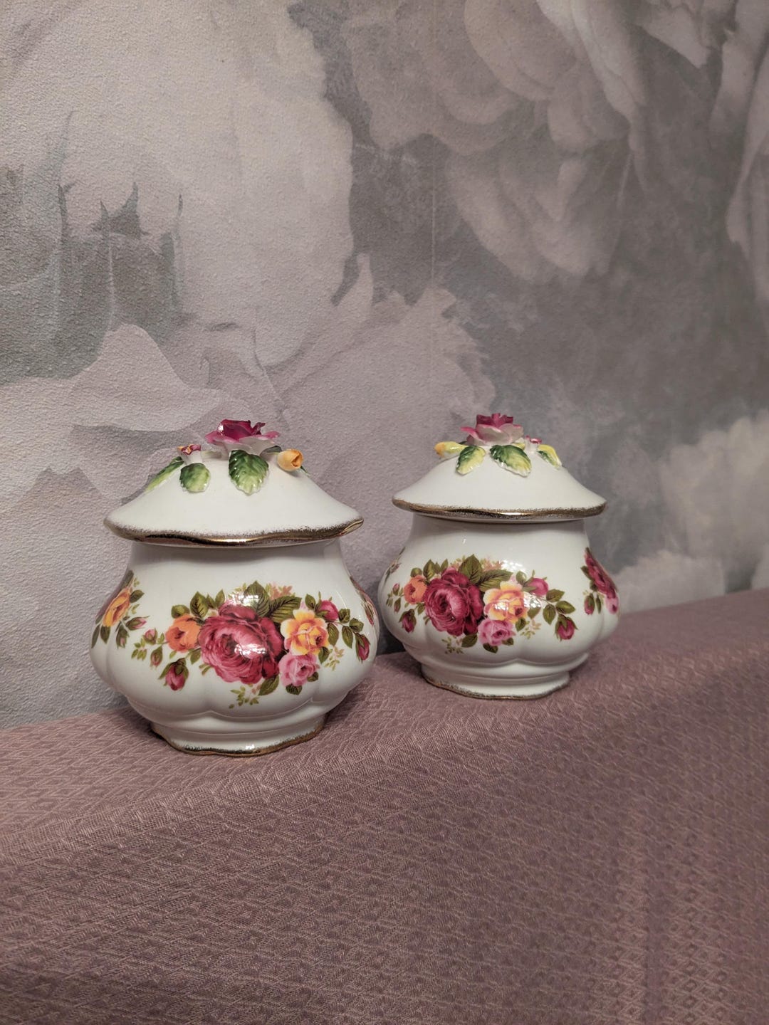 Vintage Cottage Rose Bone China Jars With Lids Small Capacity Table ...