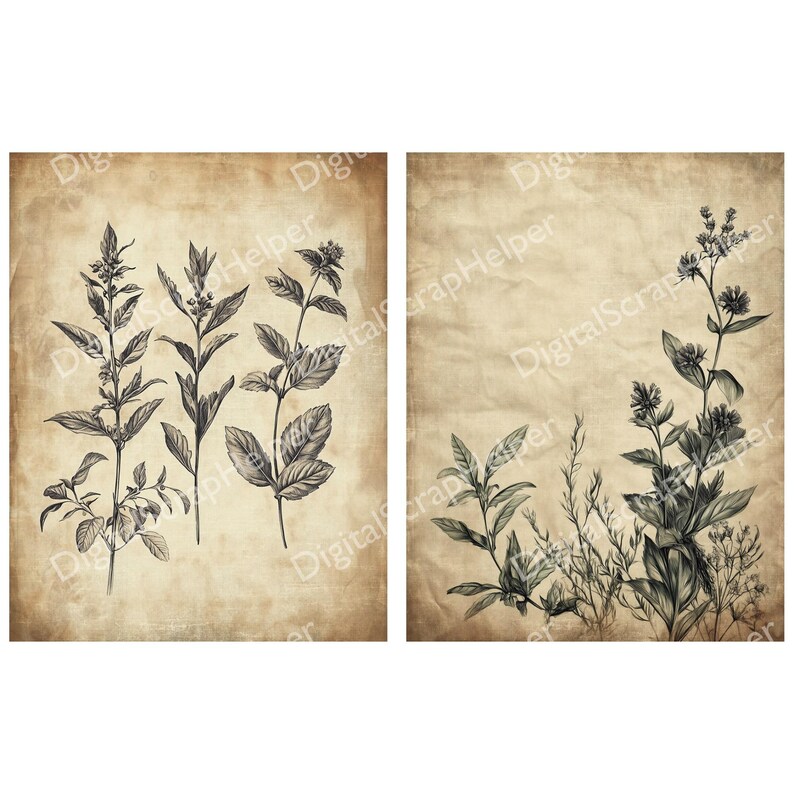 Botanical Sketch Paper Printable of 12 Sheets Masterboard Herbs ...
