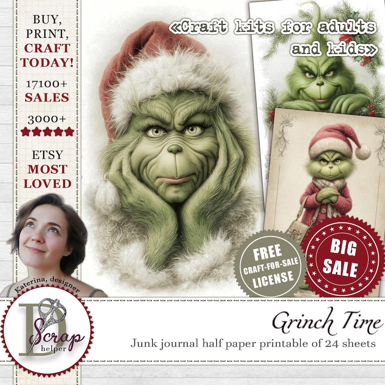Vintage Grinch Digital Art for Christmas Holiday Craft Half US Letter ...