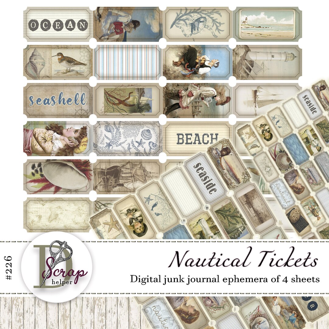 Nautical Ephemera Tickets Printablr of 4 Sheets Ocean Sea Beach Seaside ...