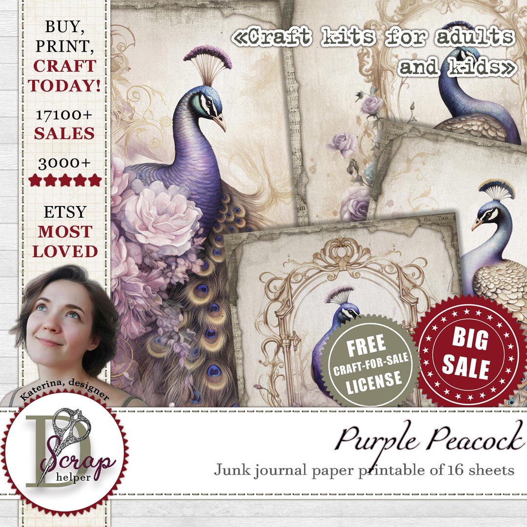 Purple Peacock Journal Papers Printable 16 Sheets Violet Lavender ...