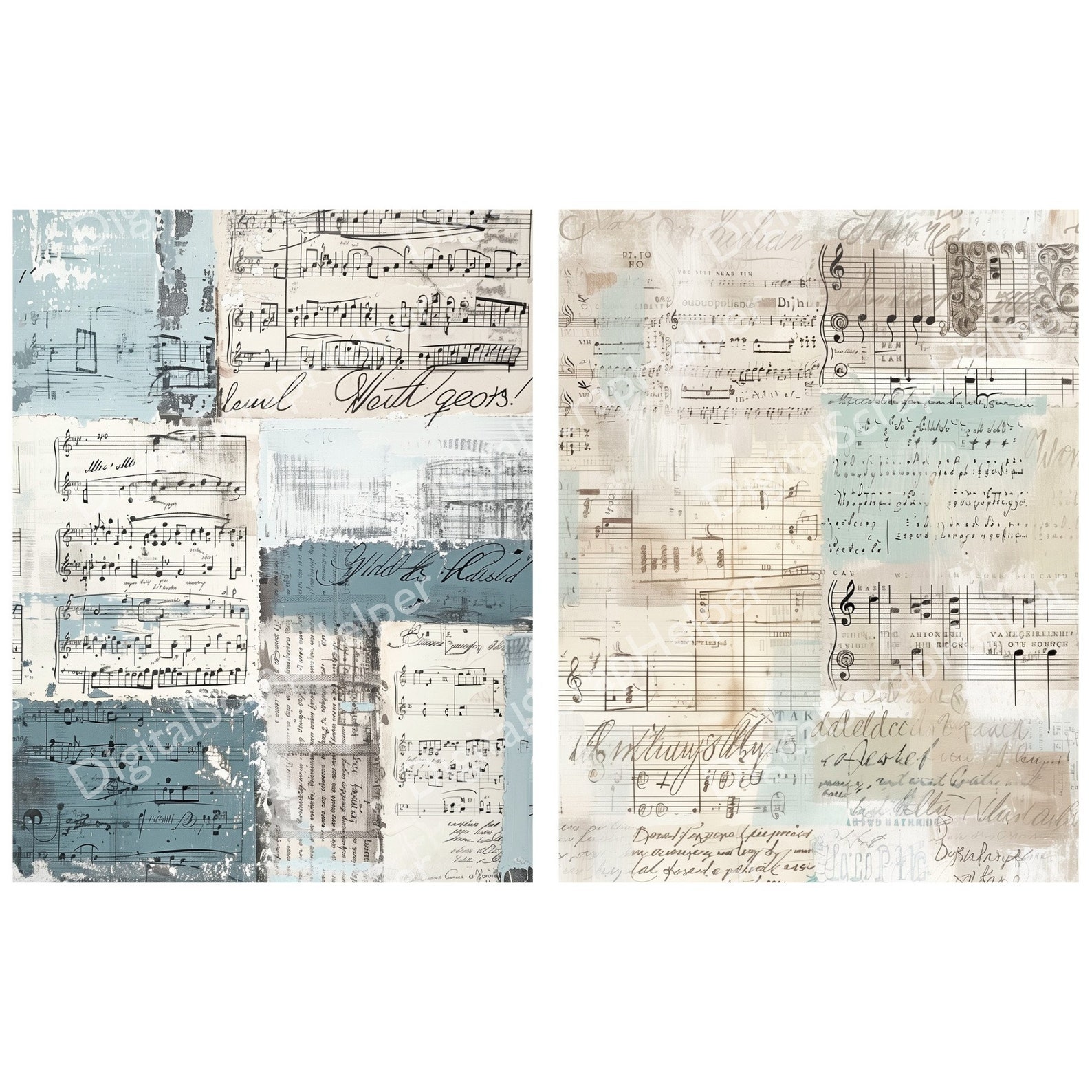 Shabby Blue Music Collage Paper Printable 12 Sheets Notes Music Treble ...