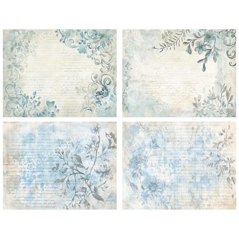 French Blue Junk Journal Paper Printable 20 Sheets Vintage Basic Grunge ...