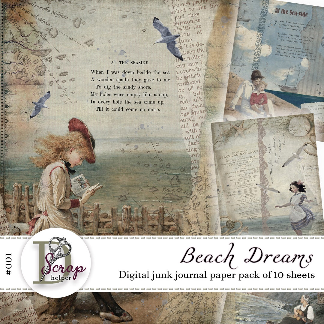 Beach Junk Journal Paper Pack Printable of 10 Sheets Ocean Coastal ...