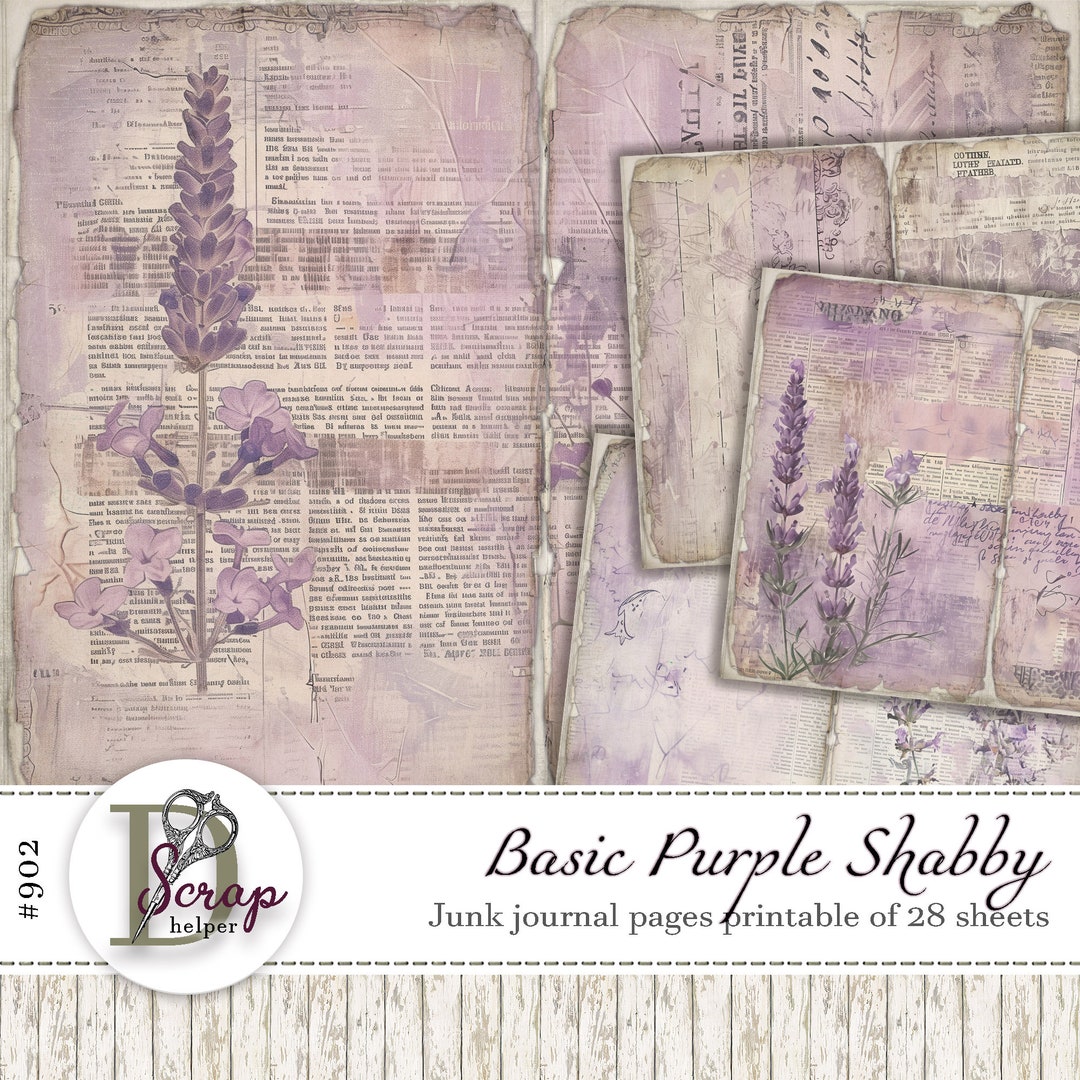 Purple Shabby Junk Journal Pages Printable 24 Sheets Vintage Basic ...