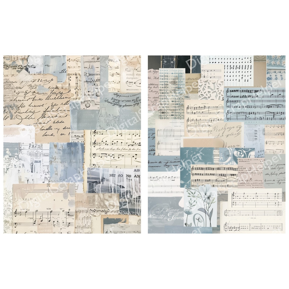 Shabby Blue Music Collage Paper Printable 12 Sheets Notes Music Treble ...