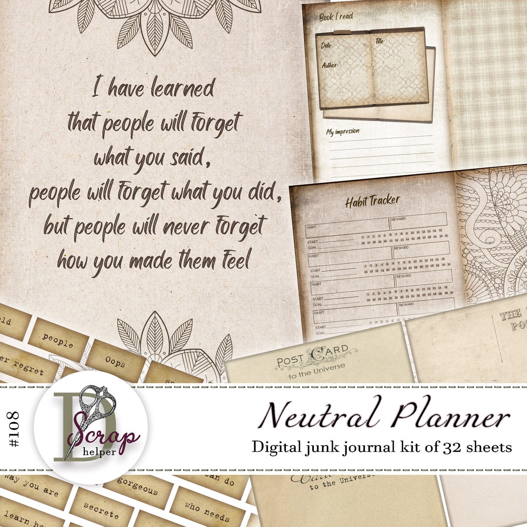 Neutral Planner Junk Journal Kit Printable of 32 Sheets Vintage Grunge ...