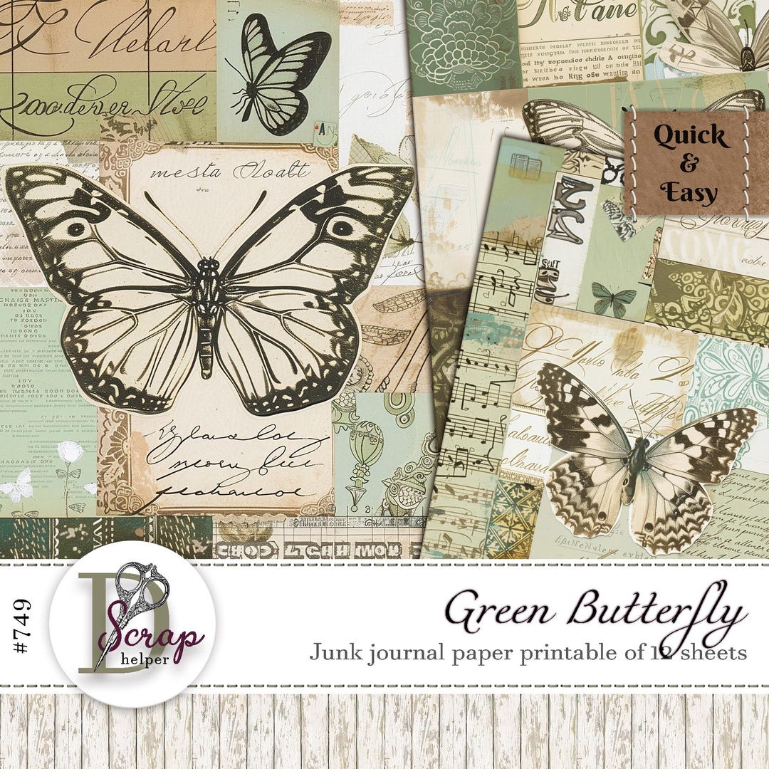 Green Butterfly Paper Printable 12 Sheets Scrappy Wrapping Shabby ...