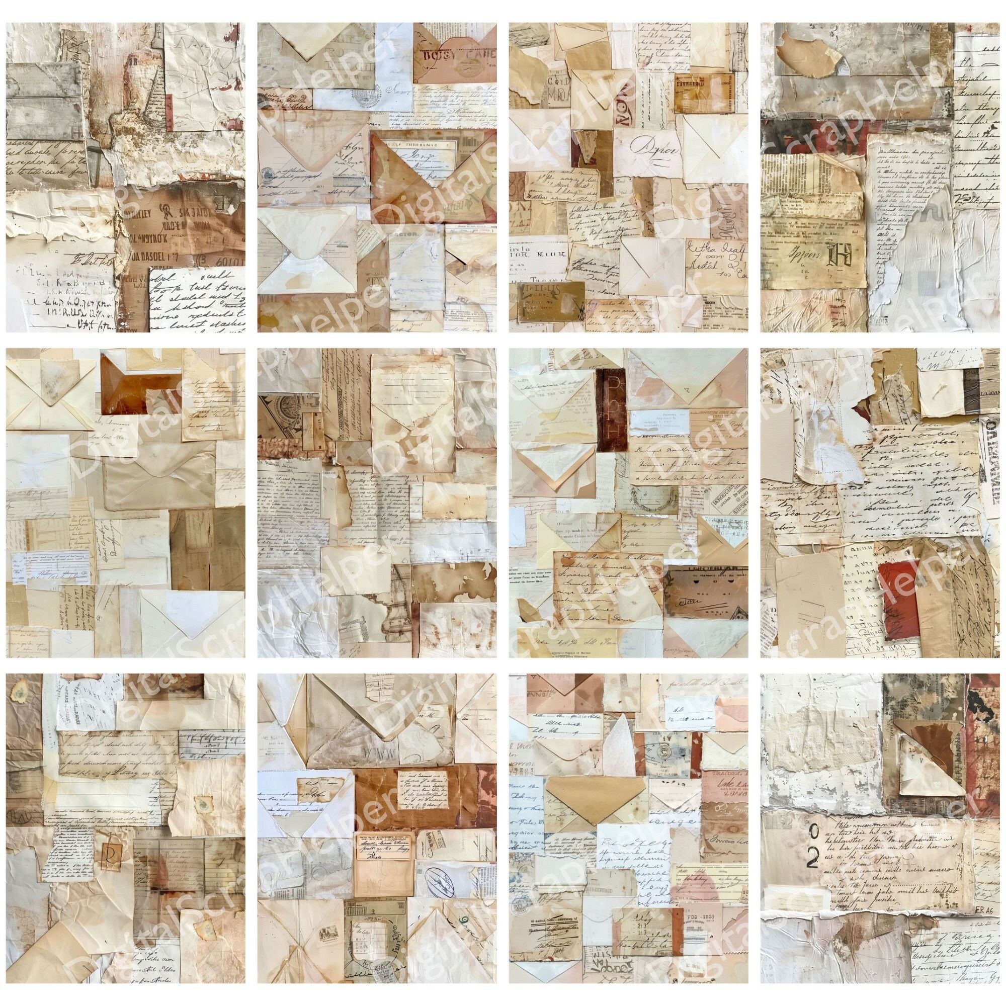 Neutral Shabby Collage Paper Printable of 12 Sheets Masterboard Scrappy ...