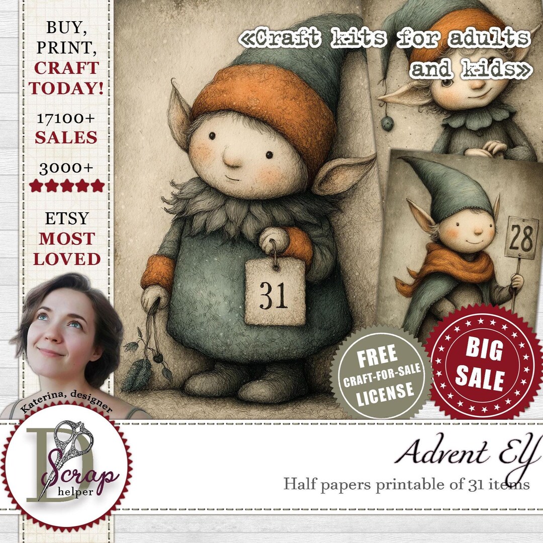 Vintage Christmas Elves Advent Calendar Numbers 1-31 Printable Download ...