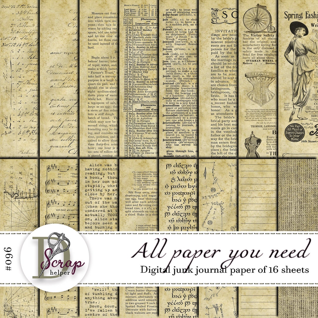 Basic Essentials Junk Journal Paper Pack Printable 16 Sheets Shabby ...