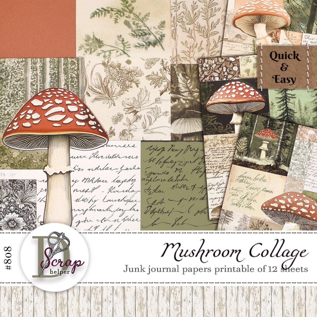 Mushroom Collage Journal Paper Printable of 12 Sheets Scrappy Woodland ...