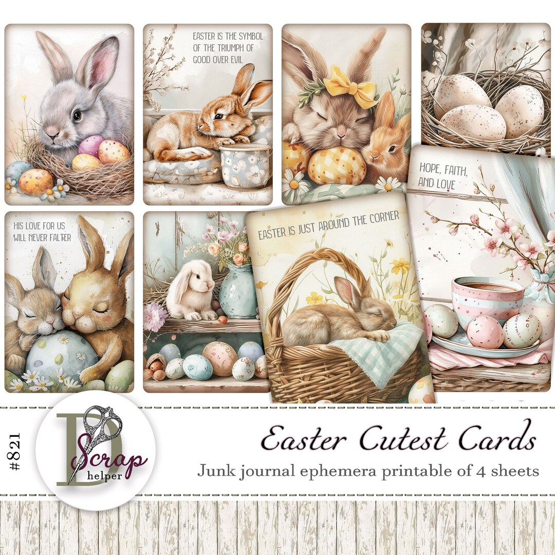 Cute Easter Greeting Cards Printable of 4 Sheets Bunny Rabbit Spring ...