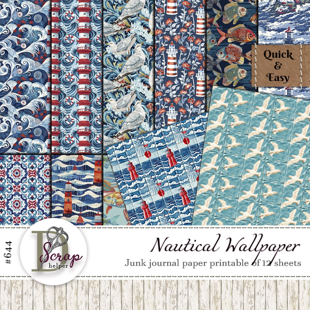 Nautical Wallpaper Collage Printable of 12 Sheets Scrappy Seagull Beach ...
