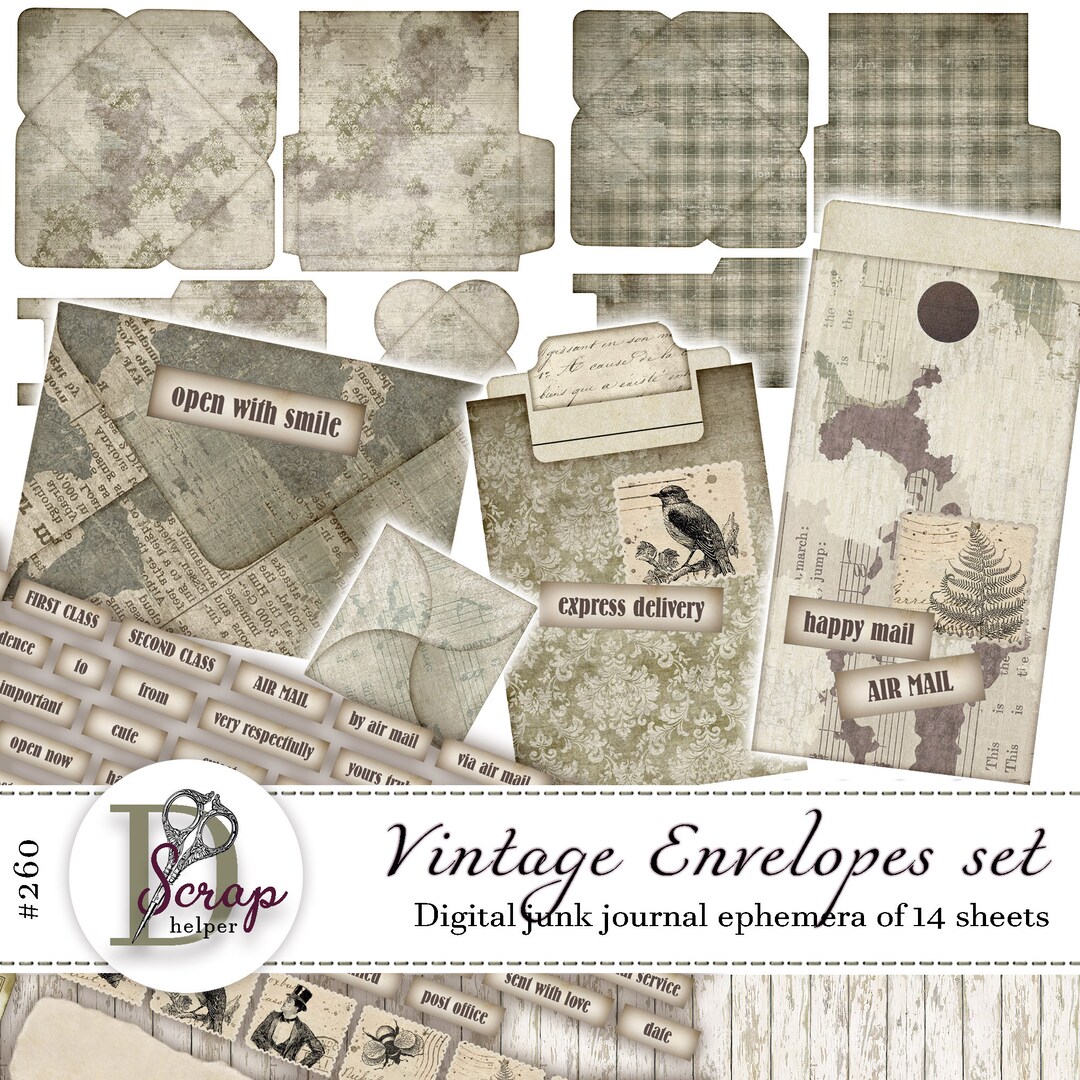 Vintage Grunge Ephemera Mini Envelopes Set of 14 Sheets Vintage Shabby ...