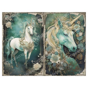 Emerald and Gold Unicorn Junk Journal Papers Printable 16 Sheets ...