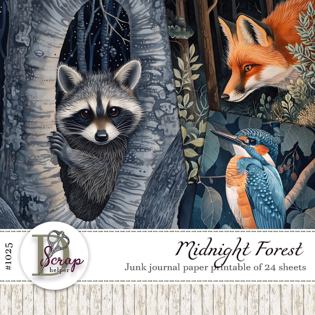 Midnight Forest Animals Paper Printable 24 Sheets Woodland Animals Wild ...