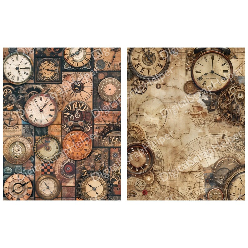 Steampunk Journal Paper Printable 12 Sheets Scrappy Industrial Clock ...