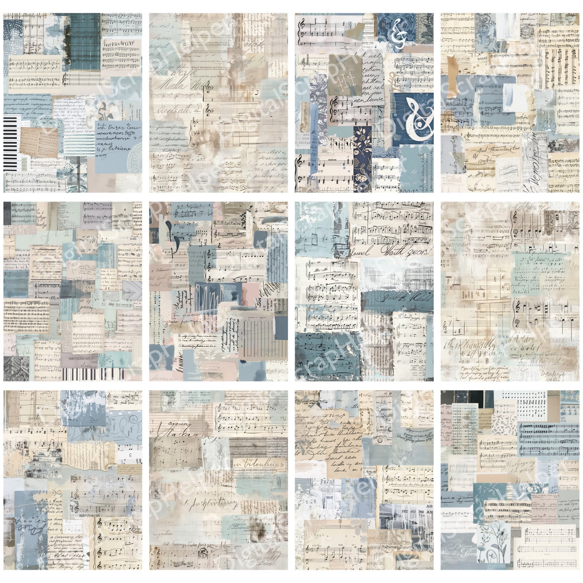Shabby Blue Music Collage Paper Printable 12 Sheets Notes Music Treble ...