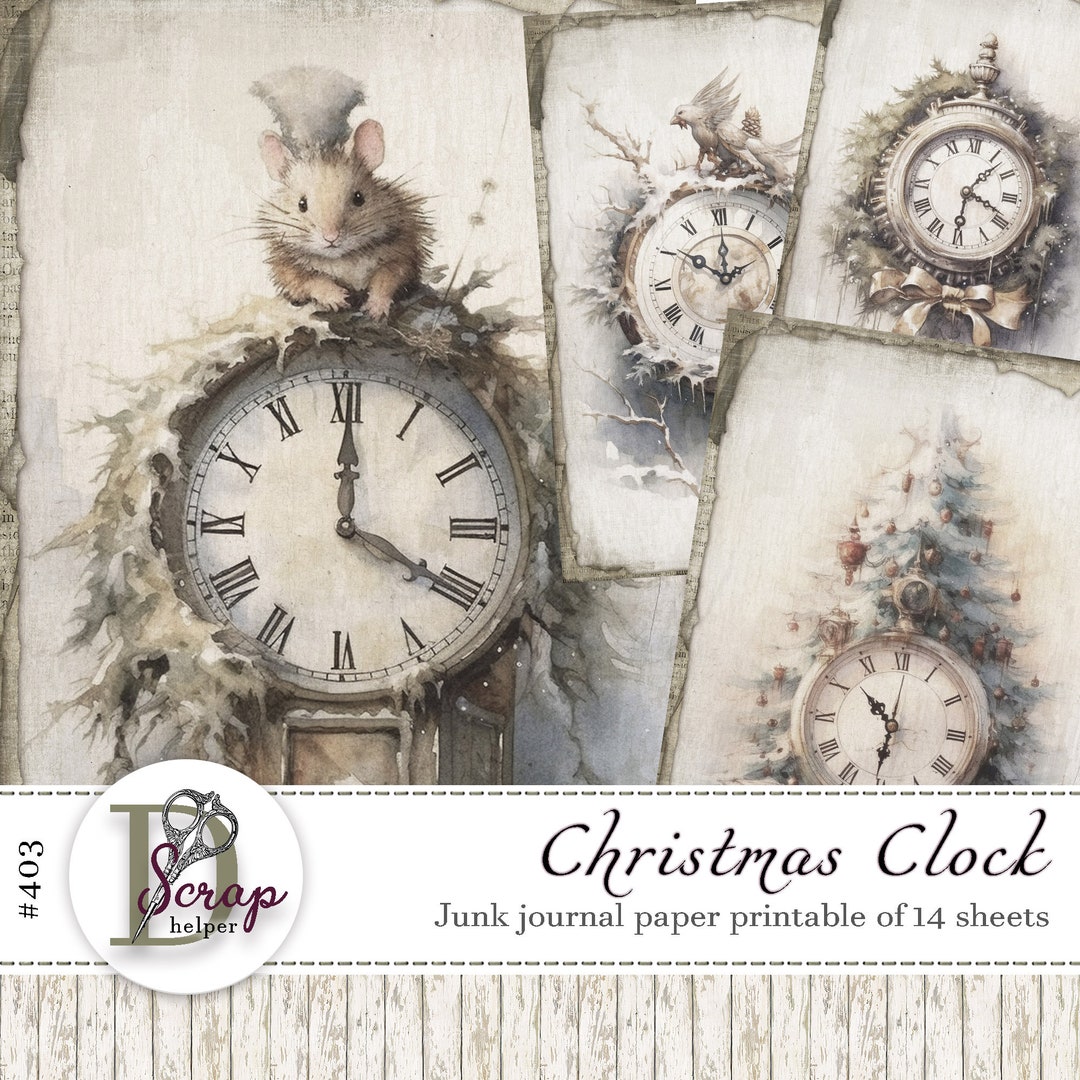 Vintage Christmas Clock Journal Paper Printable 16 Sheets New Year Noel ...