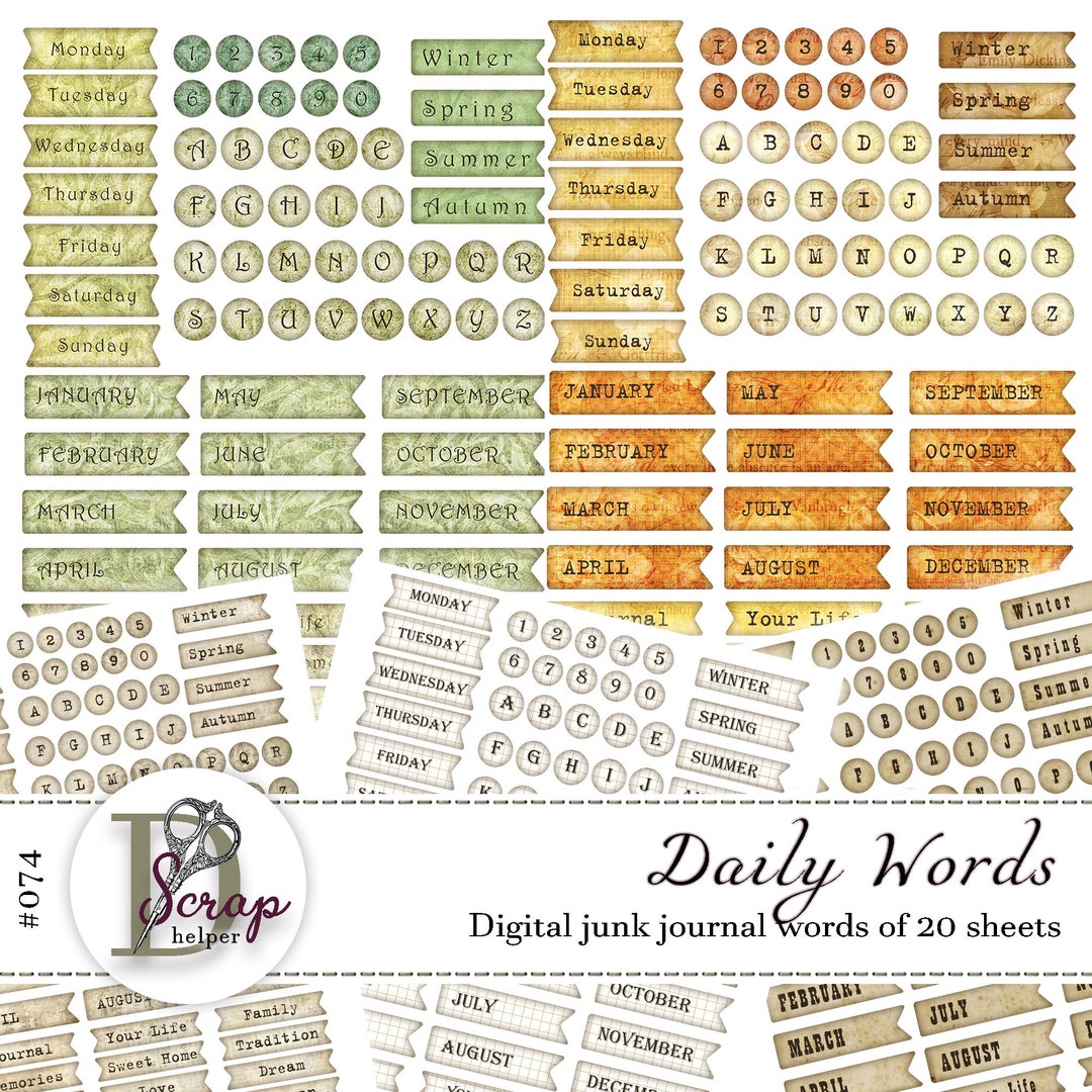 Vintage Junk Journal Words Printable of 20 Sheets Daily Months Week ...