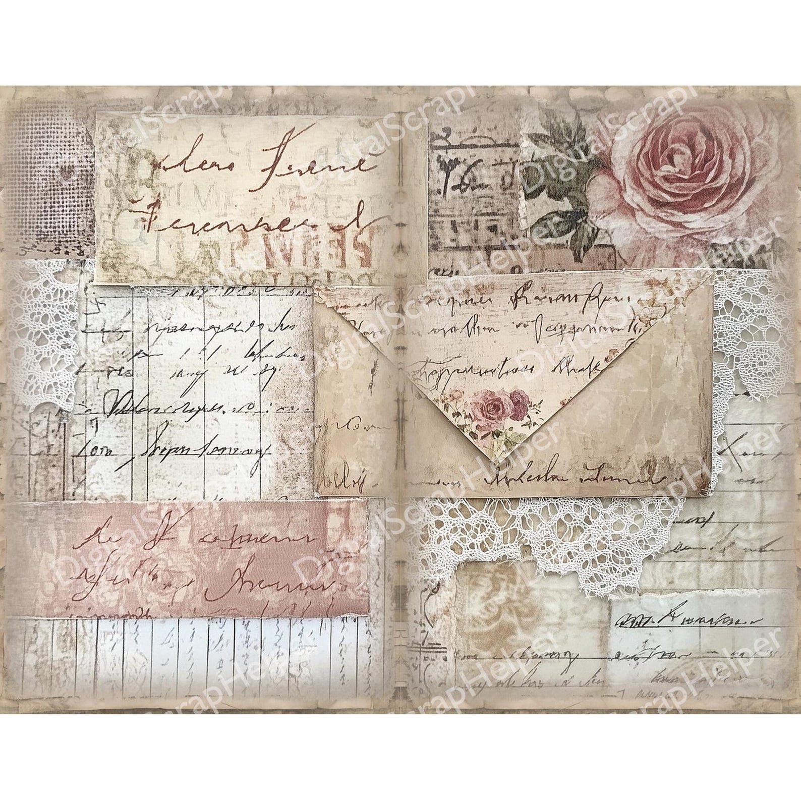Muted Shabby Rose Junk Journal Pages for Vintage Letters Scrapbooking ...