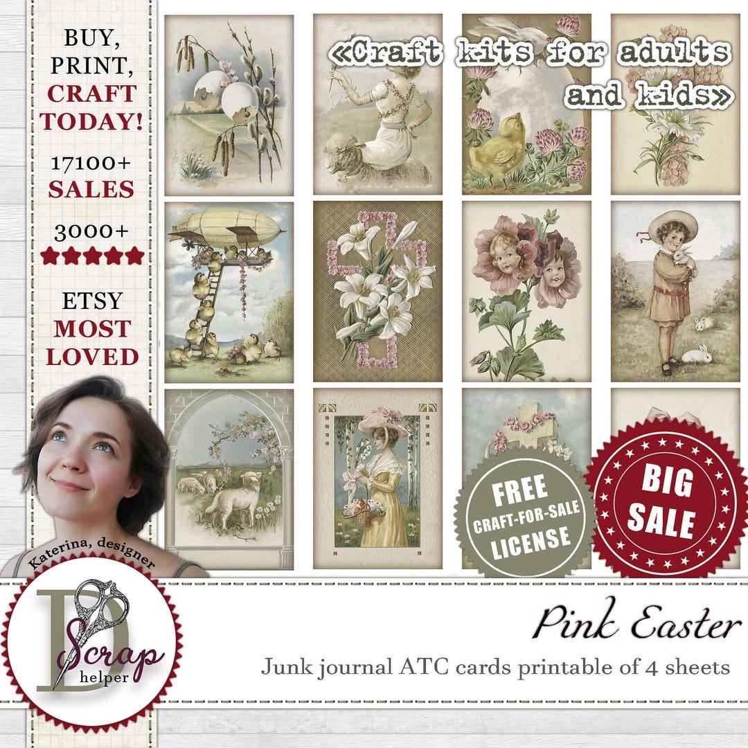 Pink Easter ATC Cards Digital of 4 Sheets Vintage Spring Easter Gift ...
