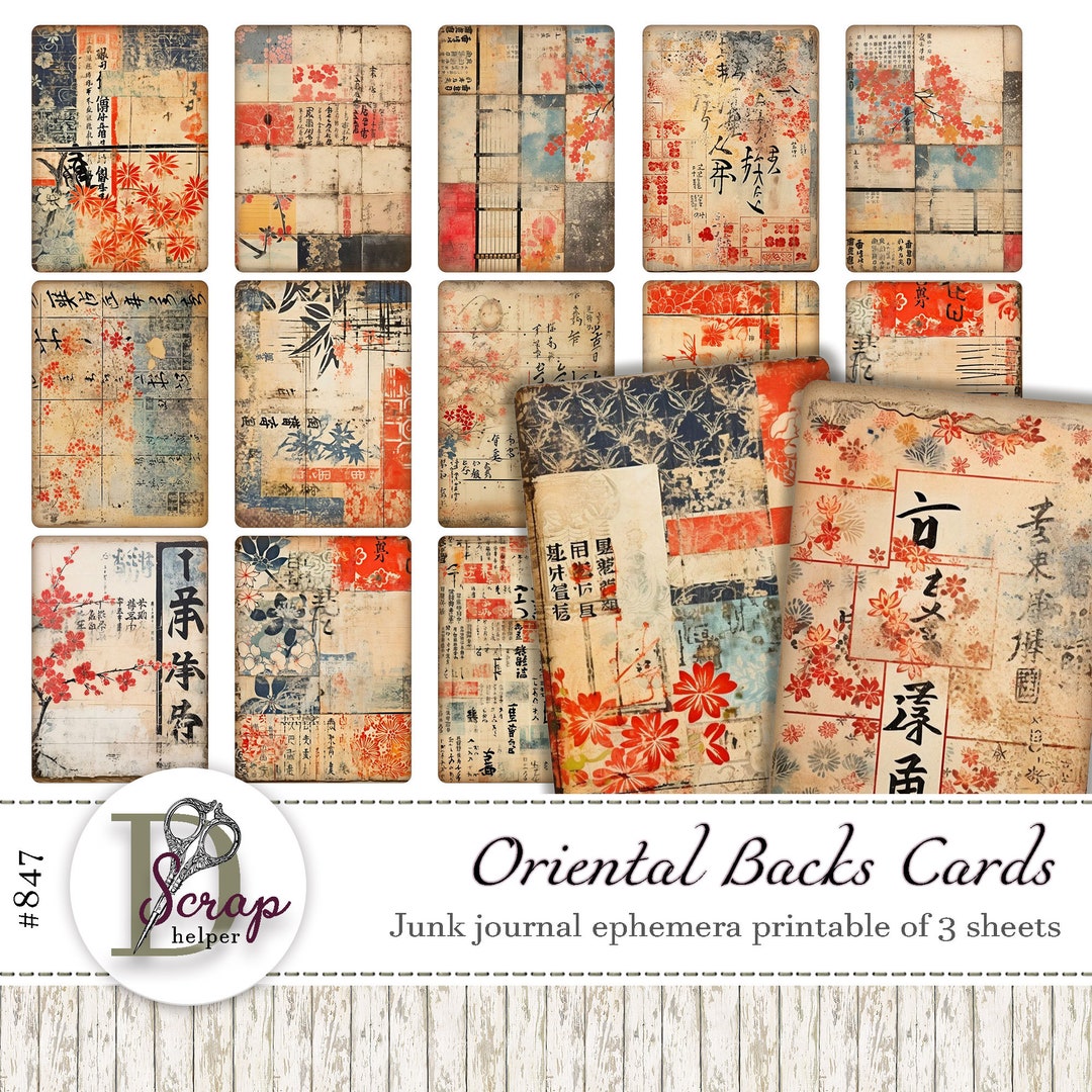 Vintage Japanese Junk Journal Background Cards Printable 3 Sheets Washi ...
