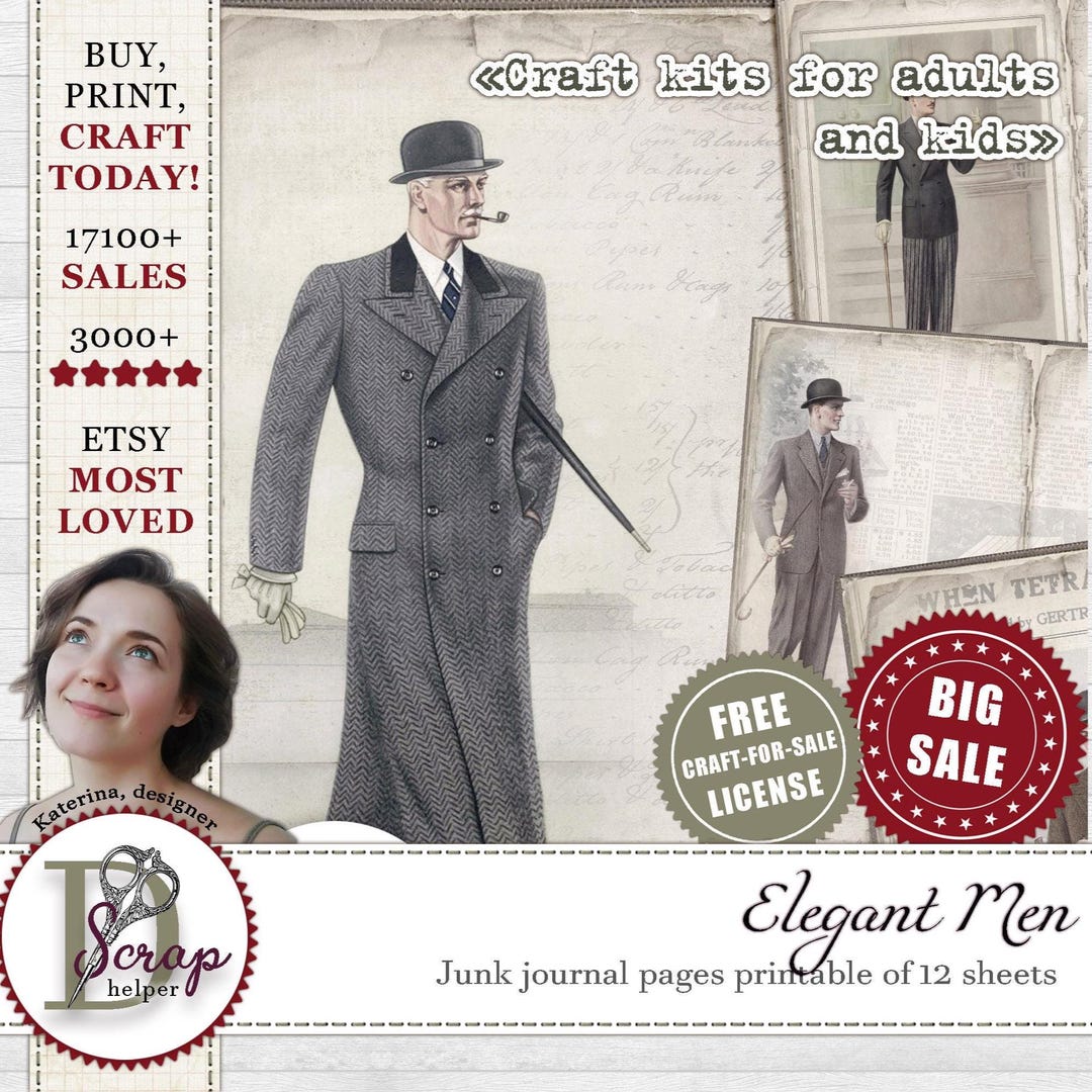 Masculine Junk Journal Pages Printable of 12 Sheets Gentleman Print Men ...