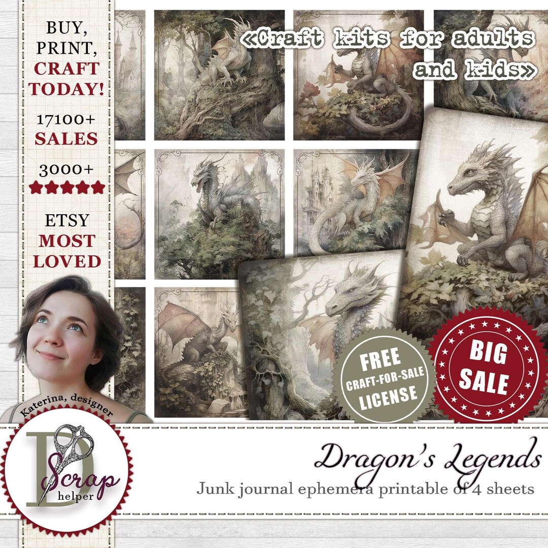 Vintage Dragon Digital Cards 4 Sheets Muted Fantasy Ephemera Fairy ...