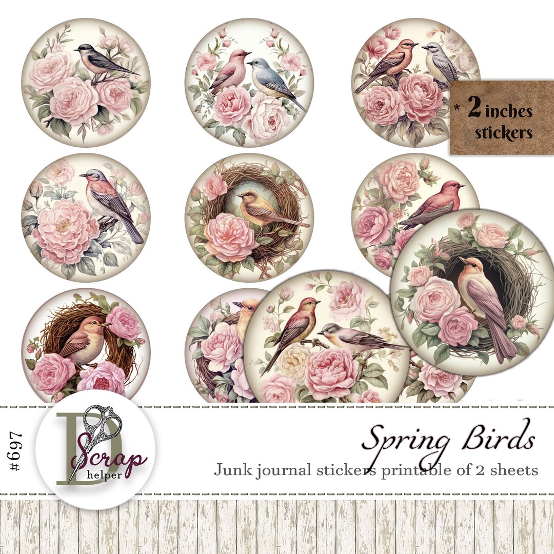 Spring Birds 2-inch Circle Stickers With Pink Roses for Easter ...