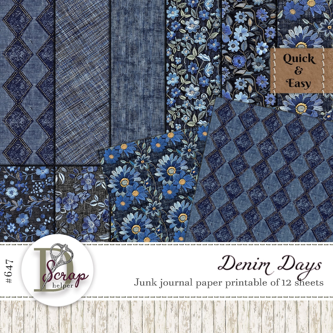 Blue Denim Paper Collage Printable 12 Sheets Embroidery Scrappy Country ...
