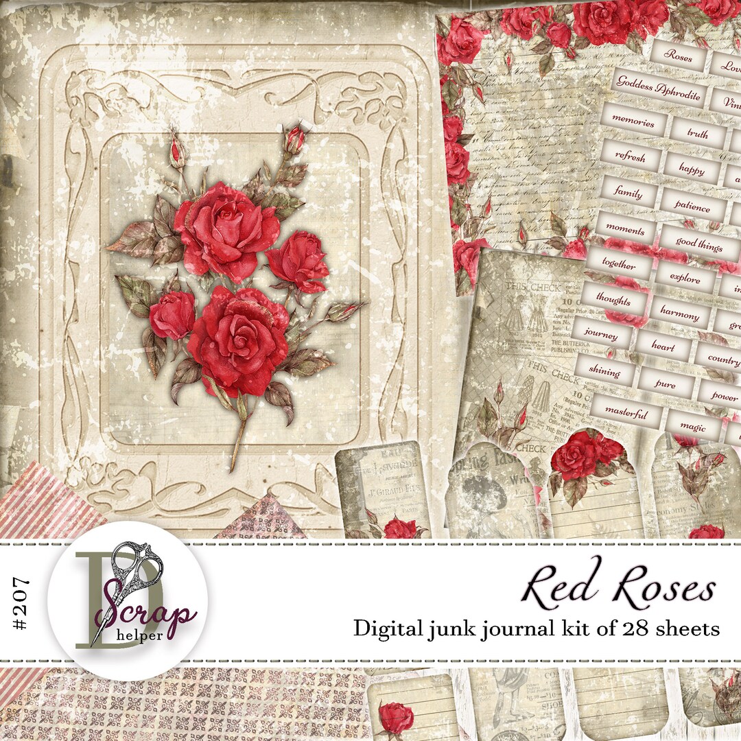 Red Rose Junk Journal Kit for Victorian Botanical Scrapbooking and ...