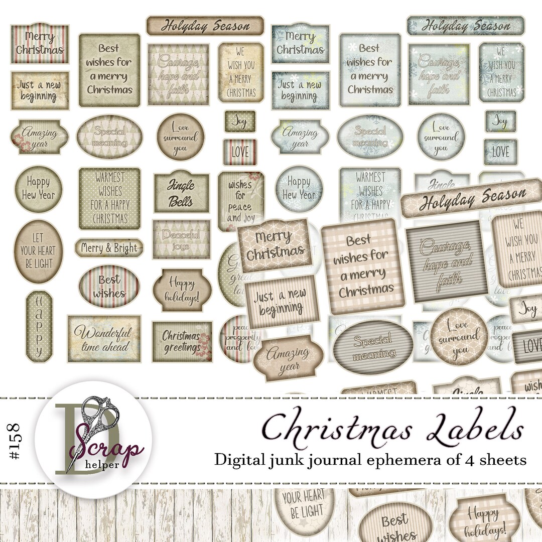 Vintage Christmas Ephemera Labels Printable of 4 Sheets Christmas Words ...