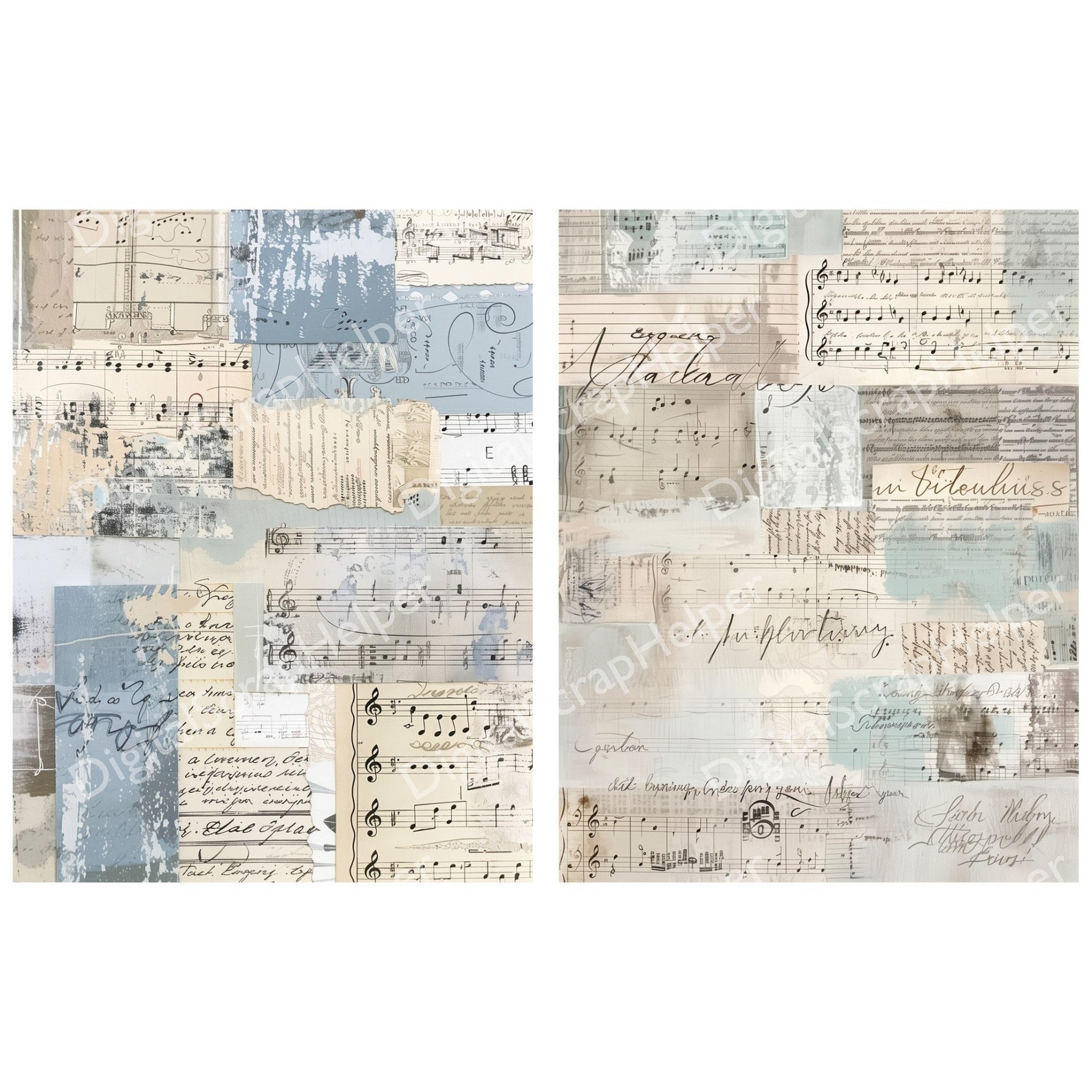 Shabby Blue Music Collage Paper Printable 12 Sheets Notes Music Treble ...