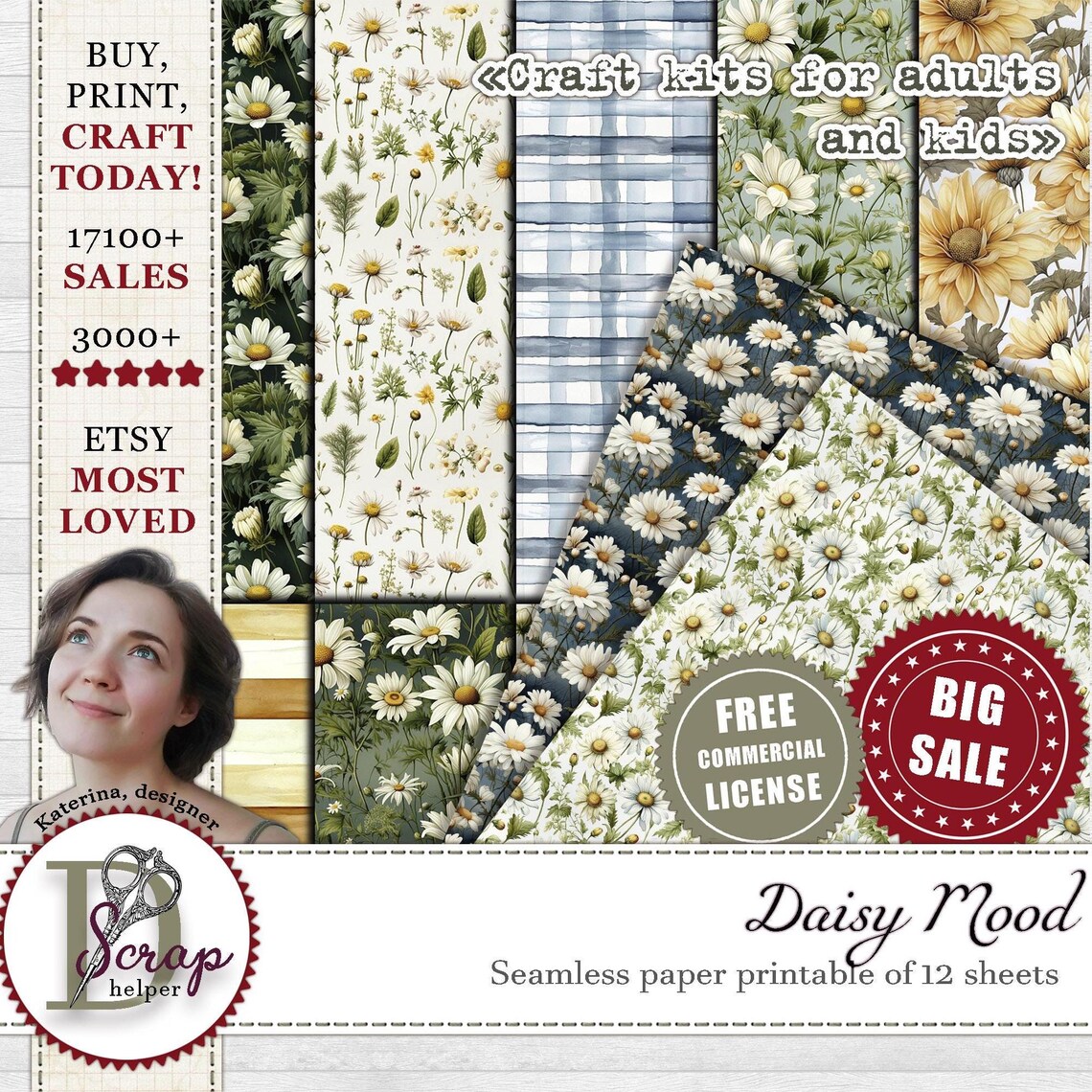 Daisy Seamless Pattern Printable of 12 Sheets Daisy Floral Chamomile ...