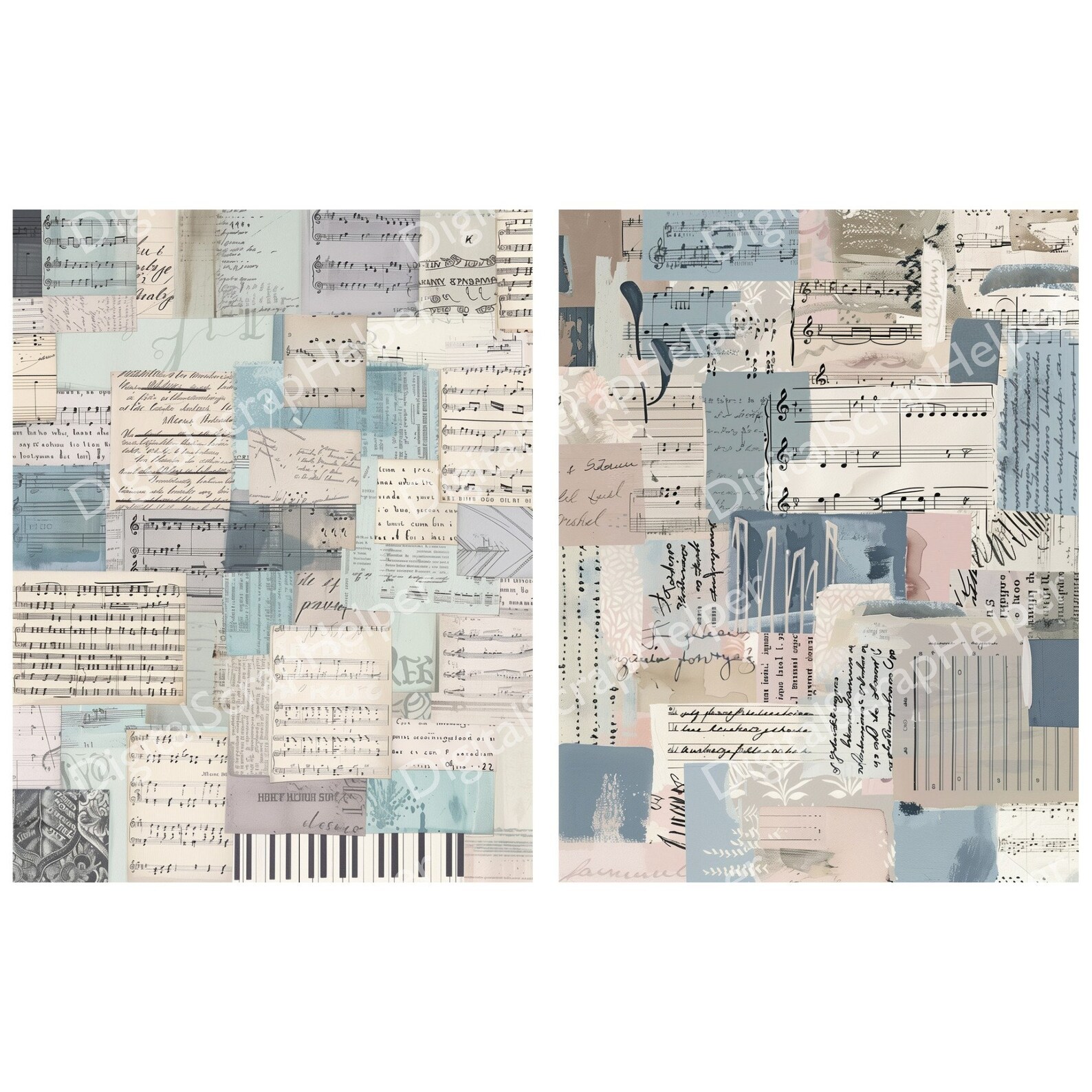 Shabby Blue Music Collage Paper Printable 12 Sheets Notes Music Treble ...