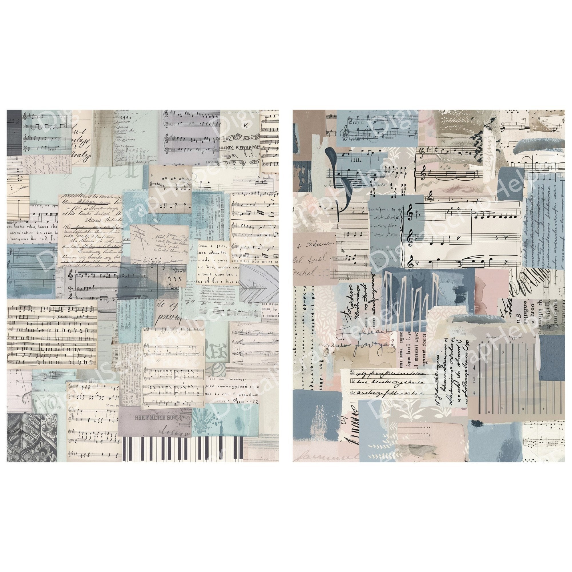 Shabby Blue Music Collage Paper Printable 12 Sheets Notes Music Treble ...