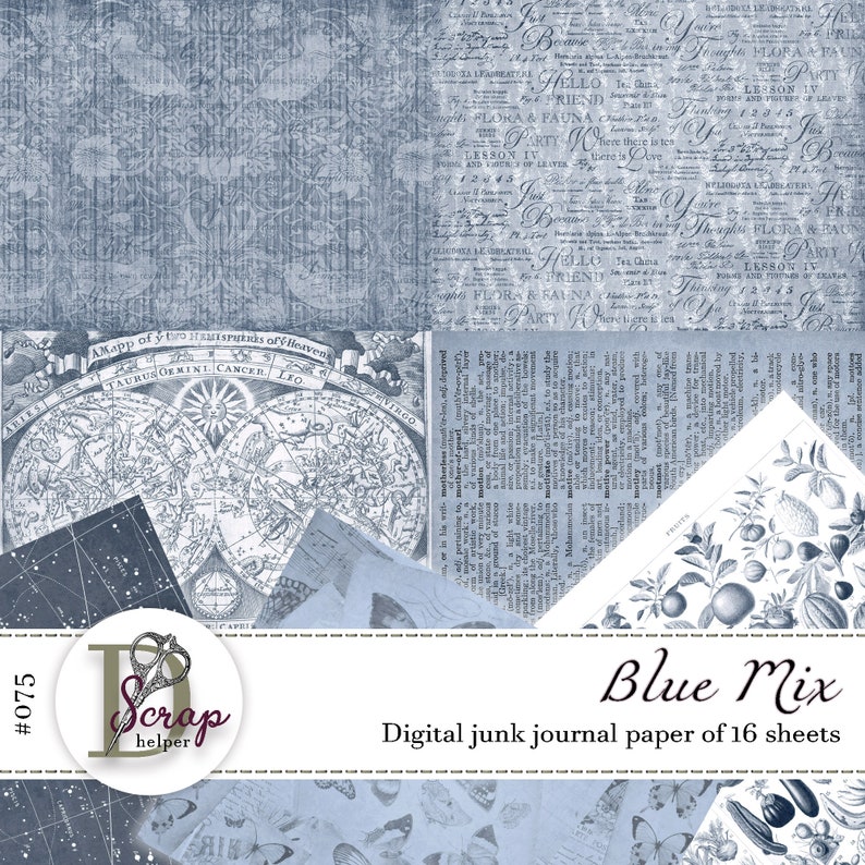 Vintage Blue Junk Journal Paper Pack Printable of 16 Sheets - Etsy