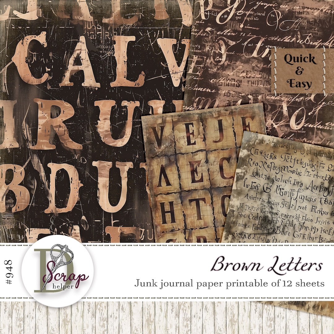 Brown Alphabet Junk Journal Paper Pack of 12 Sheets Scrappy Industrial ...