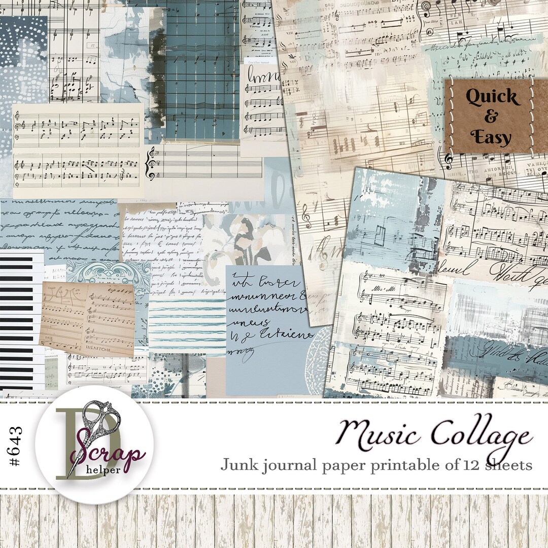 Shabby Blue Music Collage Paper Printable 12 Sheets Notes Music Treble ...