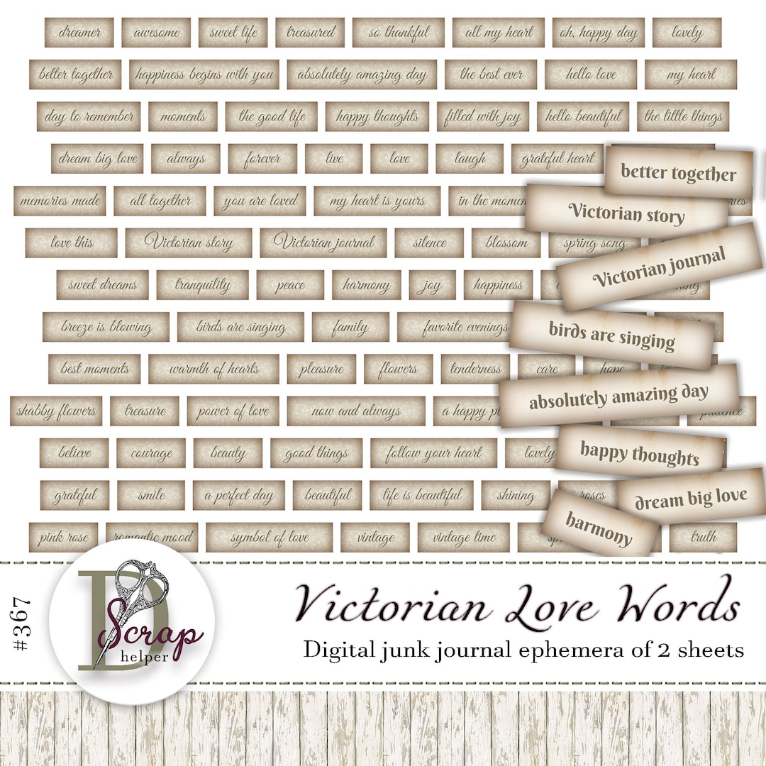 Victorian Junk Journal Words Printable 2 Sheets Shabby Chic Happy ...