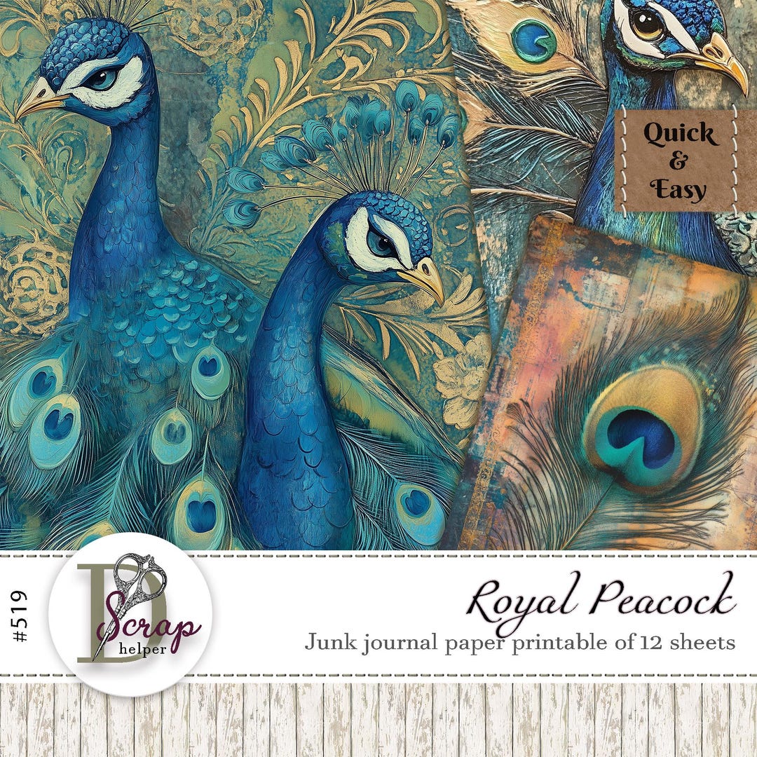 Royal Peacock Junk Journal Papers Printable of 12 Sheets Emerald Blue ...
