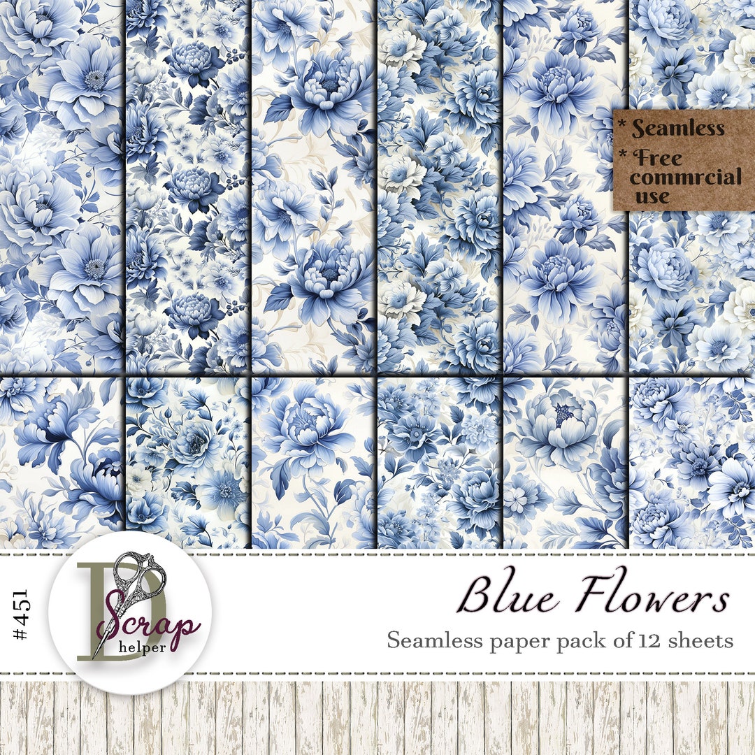 Blue Seamless Pattern Printable Blue Peony Blue Floral Digital Paper ...