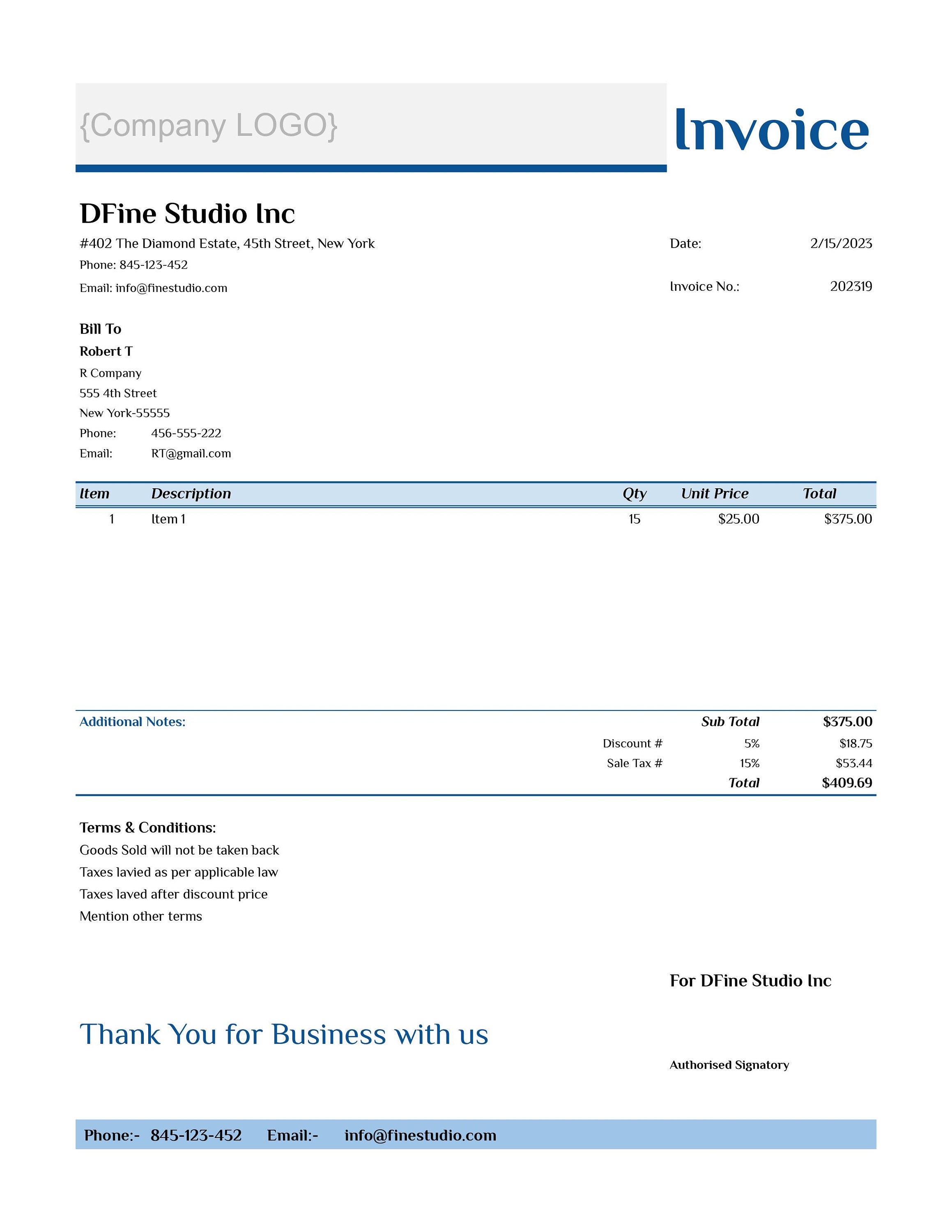 Easy Invoice Template for Small Business Sale Bill Recording Google ...