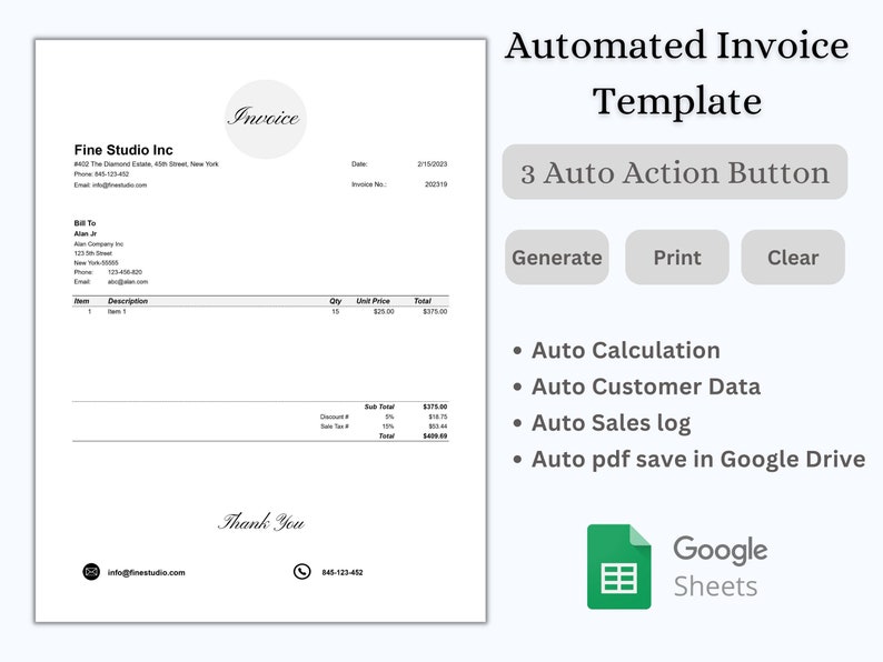 Automated Invoice Template for Small Business Editable and Printable ...