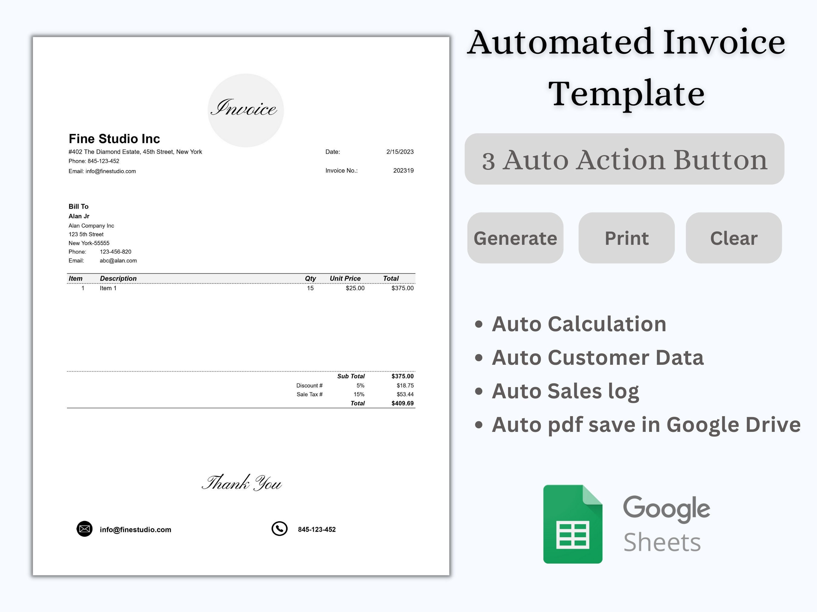 Automated Invoice Template for Small Business Editable and Printable ...