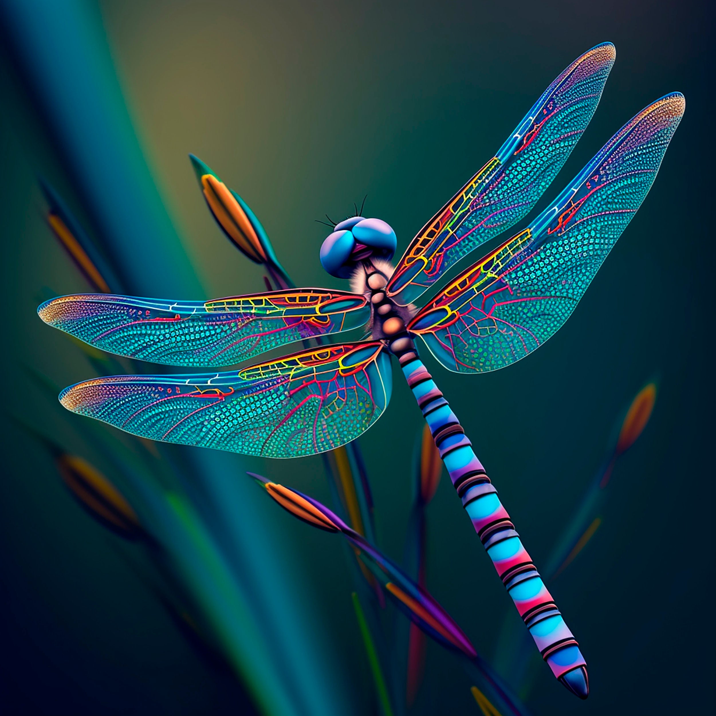 Digital Dragonfly Luminous Wings Illustration Dragonfly on Flower ...